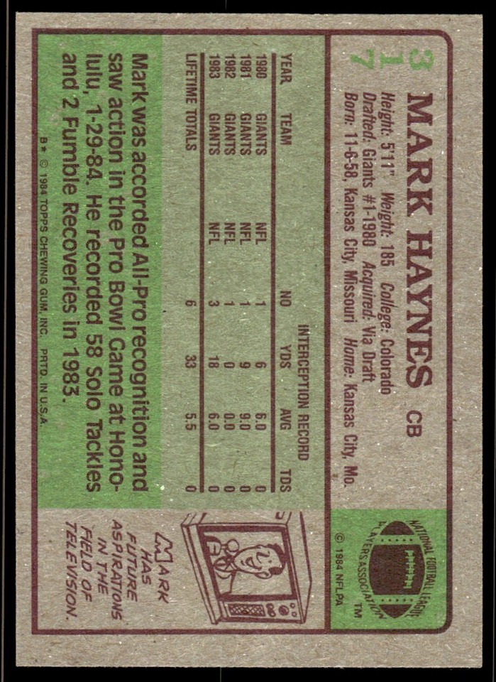 1984 TOPPS MARK HAYNES NEW YORK GIANTS #317 | eBay