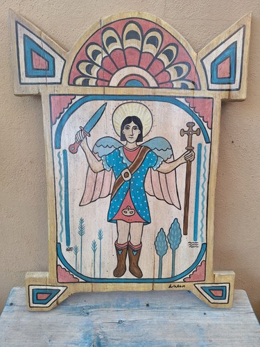 X Large Vintage Religious Retablo St. Michael New Mexico Folk Art Wood ...