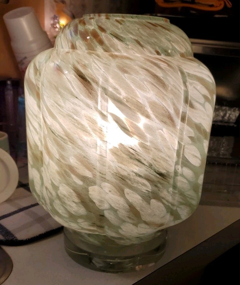 Hand Blown Art Glass Lamp Murano Style Green, White & Gold Swirl 12.5 ...