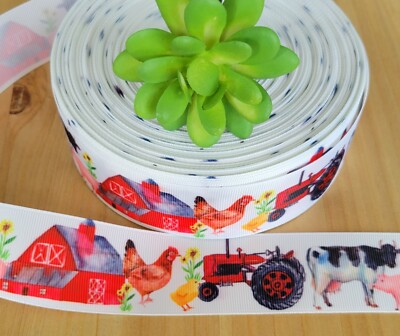 7/8 & 1.5" (1 YD) Barnyard Grosgrain Ribbon Cow Pig Tractor Red Barn ...