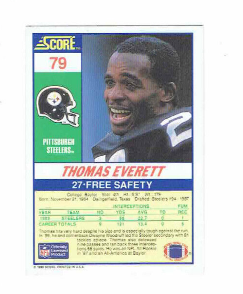 Thomas Everett Steelers #27 Free Safety #79 Score 1990 Football Card | eBay