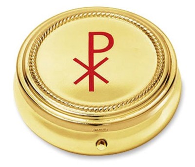 Gold Plate Communion Pyx with Red Chi Rho Cross Design for Eucharist ...