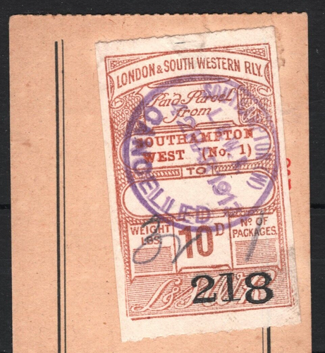GB Hants LSWR RAILWAY Parcel Stamp 10d SOUTHAMPTON WEST Station 1913 ...