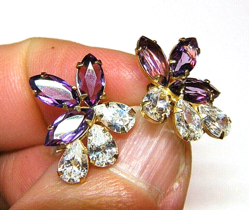 Vintage 80s ZZ 14K Yellow Gold Amethyst & CZ 3/4" Floral Stud Earrings ...