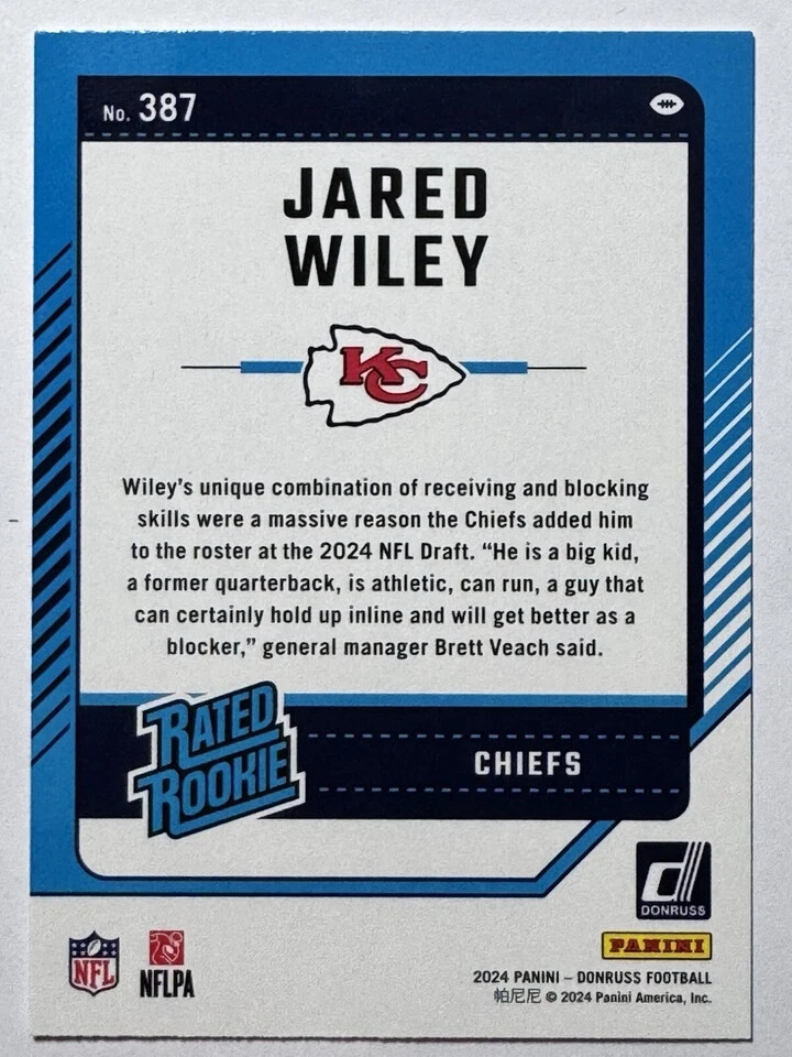 RATED ROOKIE JARED WILEY Kansas City Chiefs 2024 Panini Donruss Card ...