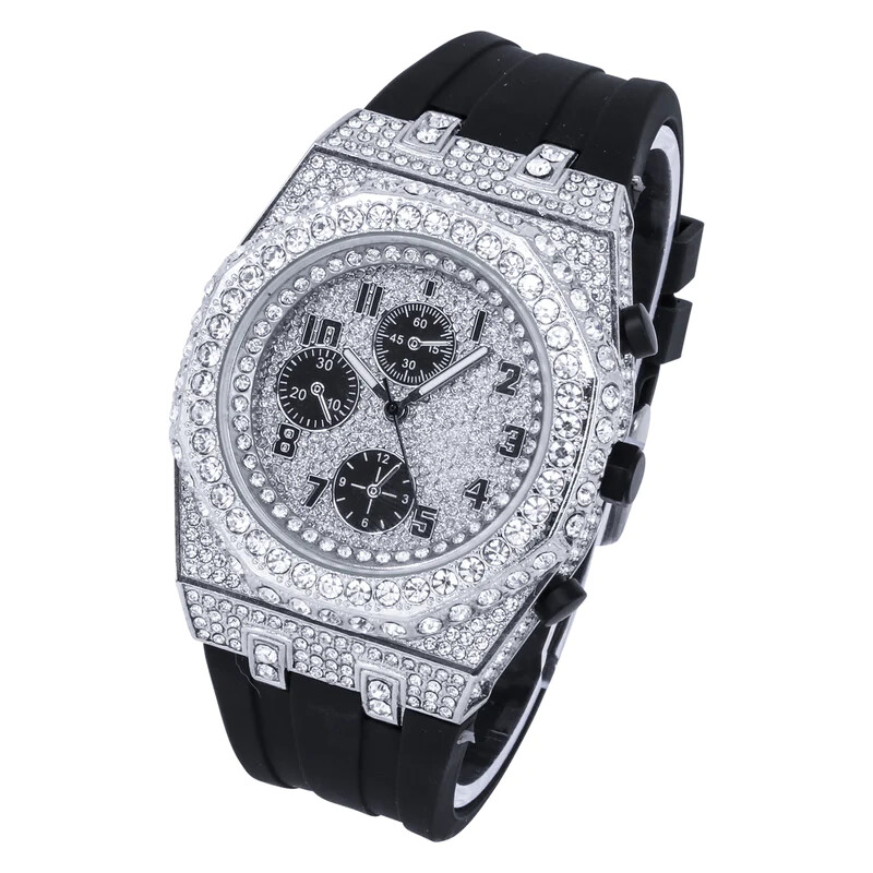 HIP HOP ICED SILICONE BAND LUXURY SIMULATED DIAMOND BLING WRIST FASHION ...