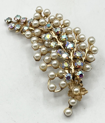 Vintage gold pearl rhinestone flower brooch pin | eBay