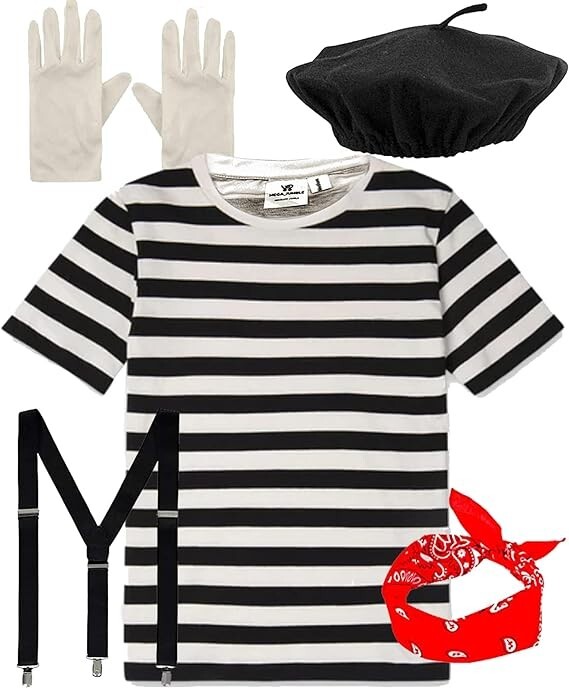 Ladies Set MIME Costume Black Beret Hat, T-shirt, Scarf, Gloves, Braces ...