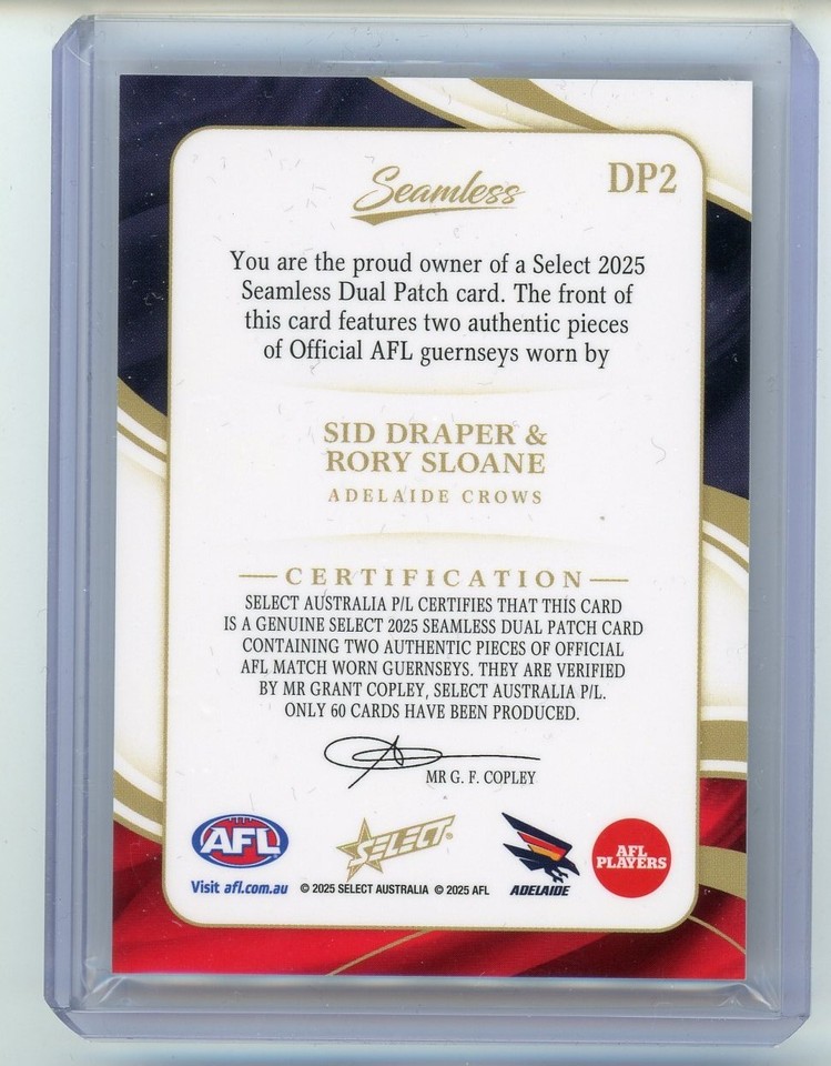 2025 AFL Select Seamless Dual Patch Sid Draper Rory Sloane Adelaide 18/ ...