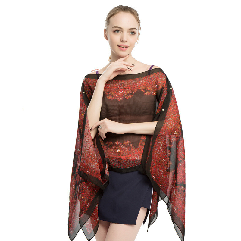 Women Chiffon Floral Print Shawls Blouse Top Wrap Beach Sun Protection ...