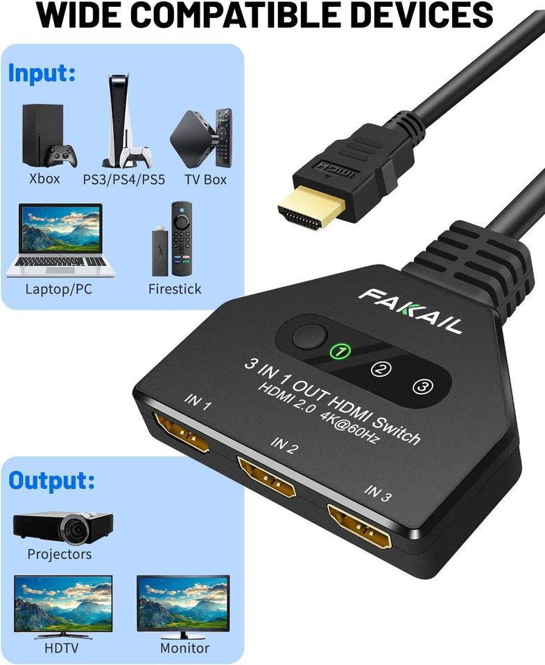2025 Upgrade 4K HDMI Switch 3 in 1 Out 3 Port HDMI Hub for PS4/5 Xbox ...