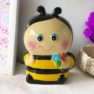 YELLOW & BLACK CERAMIC CHILDRENS BABY BUMBLE BEE MONEY BOX NEWBORN ...
