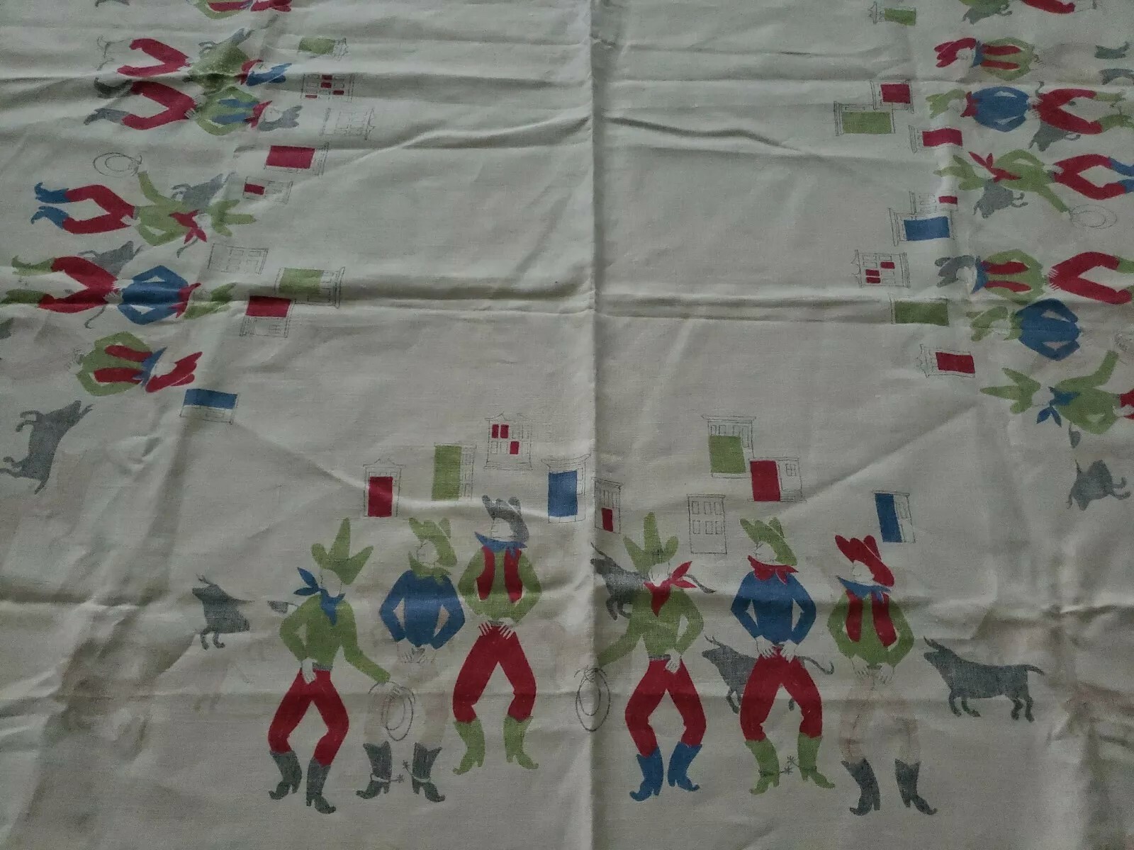 Dancing Cowboys Cattle Ivan Bartlett Leacock Linen Table Cloth MCM 52" x 87" Vtg | eBay