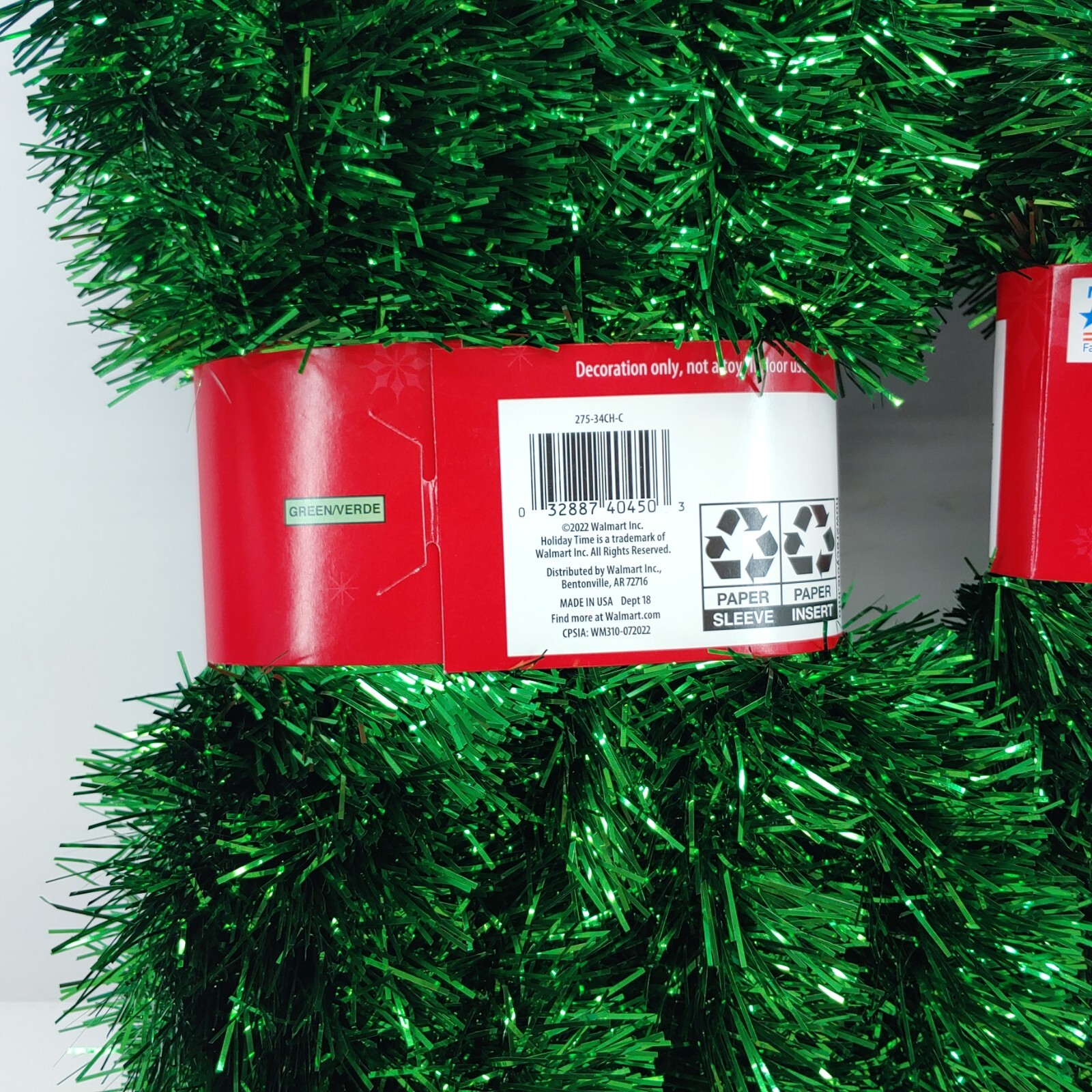 Holiday Time Tinsel Garland Shiny Green 15 Ft each or 30 ft Total Qty 2 ...