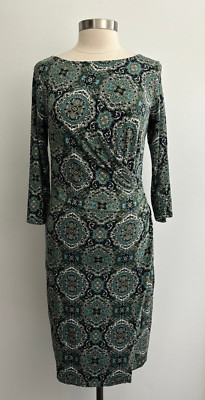 Talbots 3/4 Sleeve Mock Wrap Printed Dress sz Medium | eBay