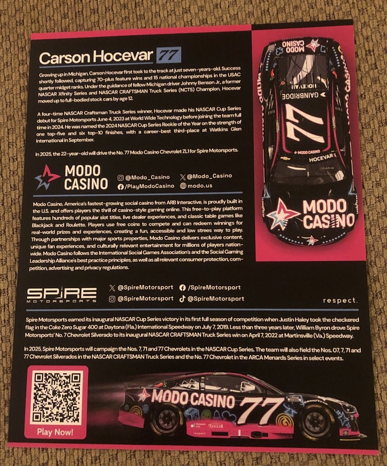 Nascar Driver #77 Carson Hocevar Modo Casino Autographed 2025 Postcard ...