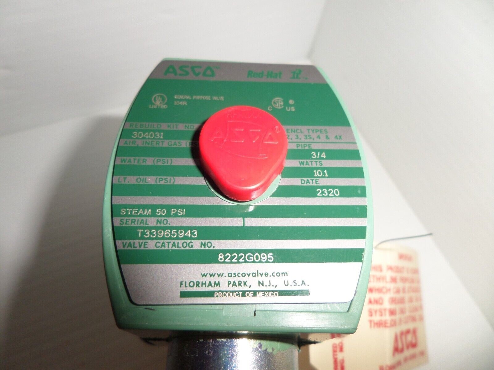 ASCO Steam Solenoid Valve 8222G095 3/4" NPT 120v Watertight Coil 50 PSI ...