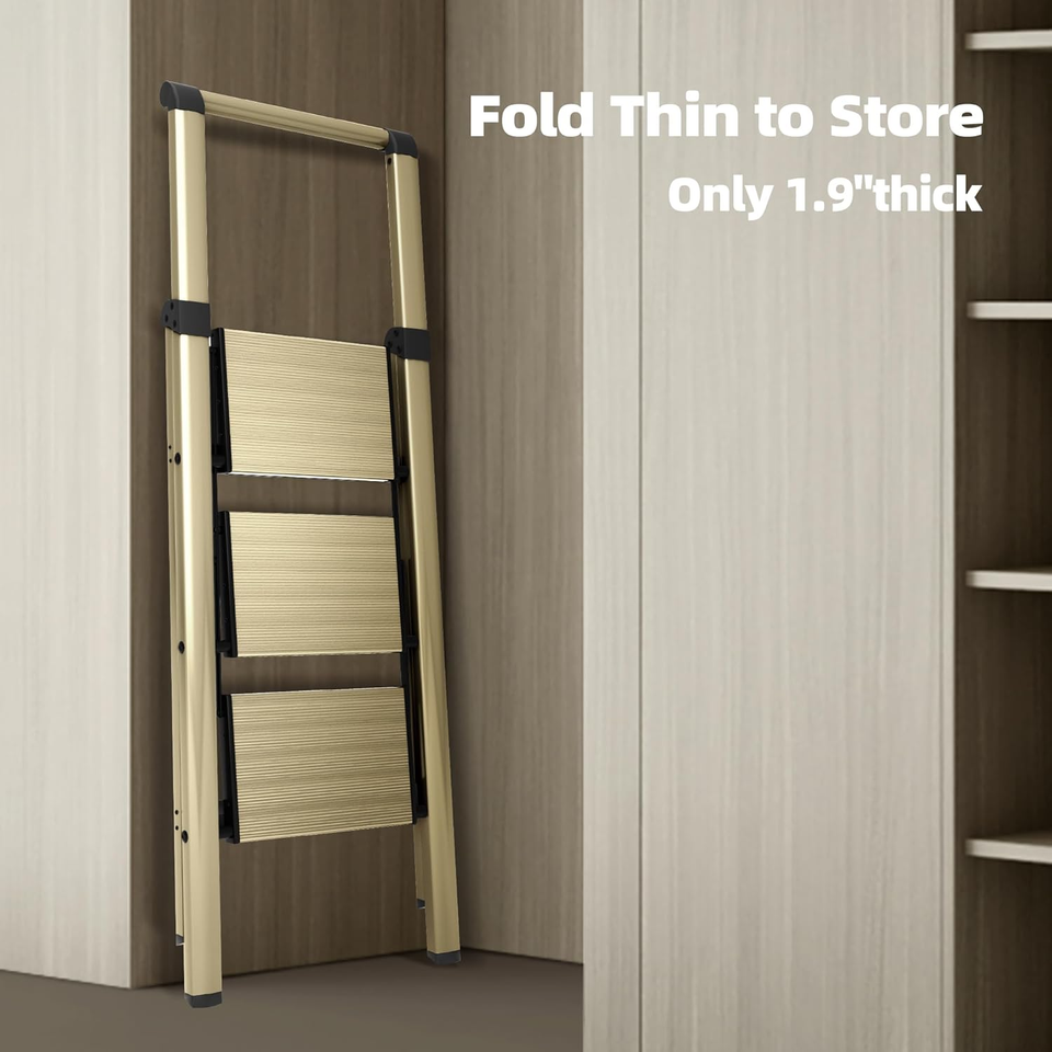 3 Step Foldable Aluminum Step Ladder with Handgrip, Anti-Slip Pedal ...