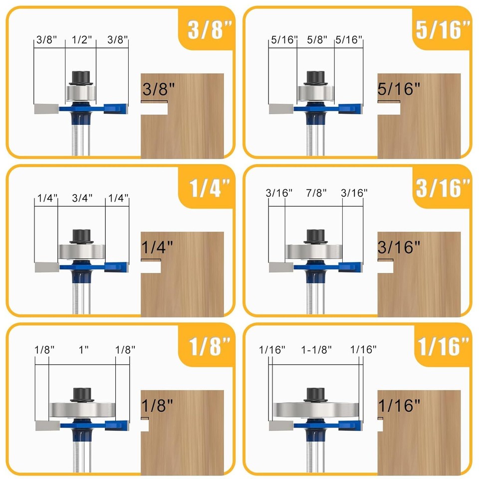 4Pcs Rabbet Router Bit 1/4" Shank With 6 Bearings Set - 1/16", 1/8", 3 ...