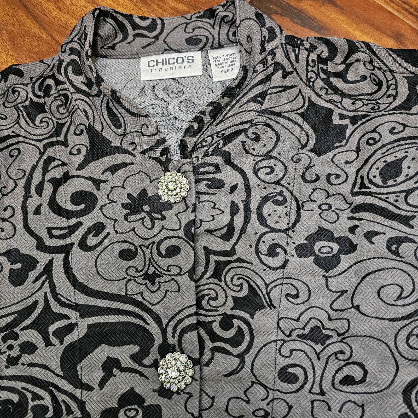 Chico's Travelers Jacket Gray Black Rhinestone Buttons Size 2 Acetate ...