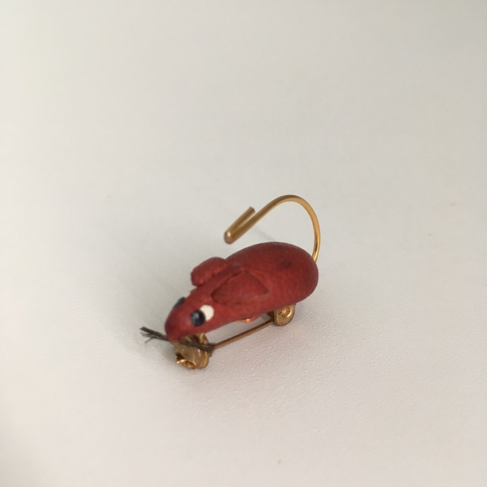 Vintage BRAZIL Mouse Pin Brooch Genuine Red Leather w/ Gold Plated Tail ...