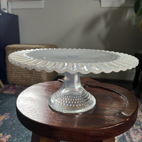 Fenton Art Glass White Opalescent Iridescent Cake Plate Stand 13" 8416 ...