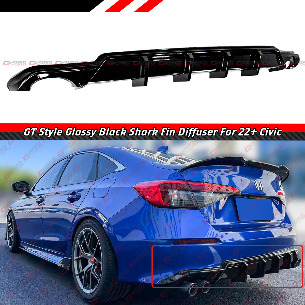FOR 22-25 HONDA CIVIC SEDAN GT STYLE SHARK FIN GLOSS BLACK REAR BUMPER ...