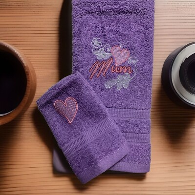 Embroidered Purple Hand towel and Face Washer Set, Mum Floral Heart ...