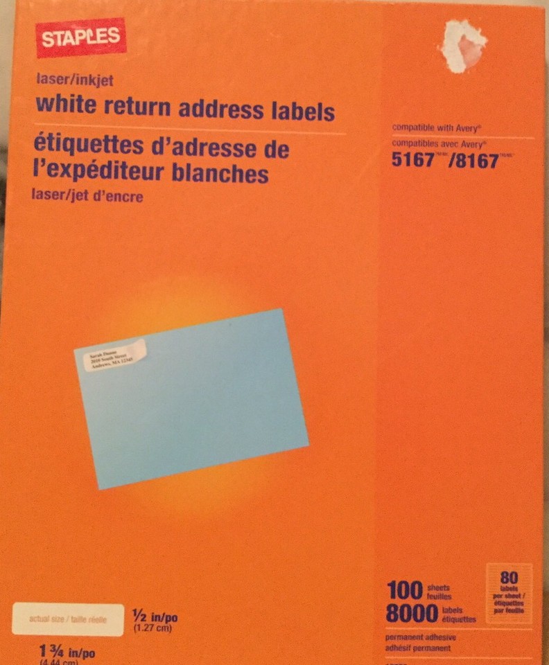 Staples® Inkjet/Laser Return Address Labels 10,400 White Labels 130 ...