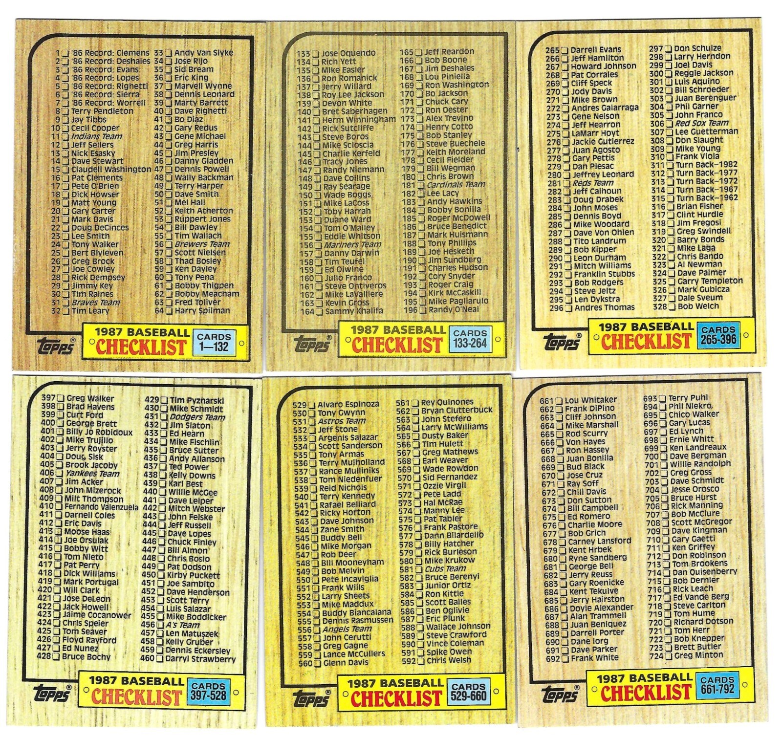 1987 Topps Baseball Checklist Set (6) Plus Extras Umarked NM-MT | eBay