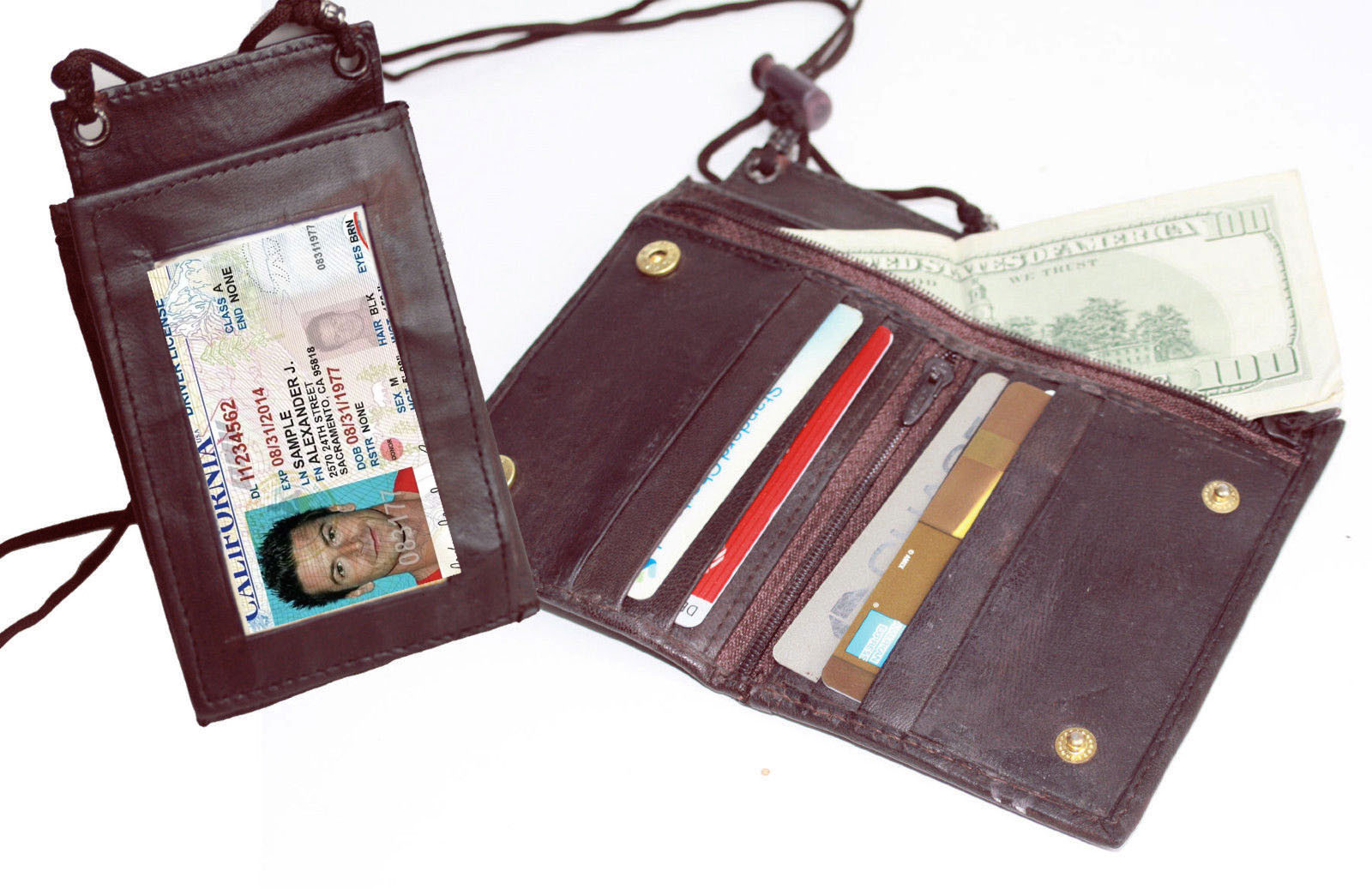 Genuine Leather ID Badge Holder Lanyard Credit Card Zip Bifold Holder ...