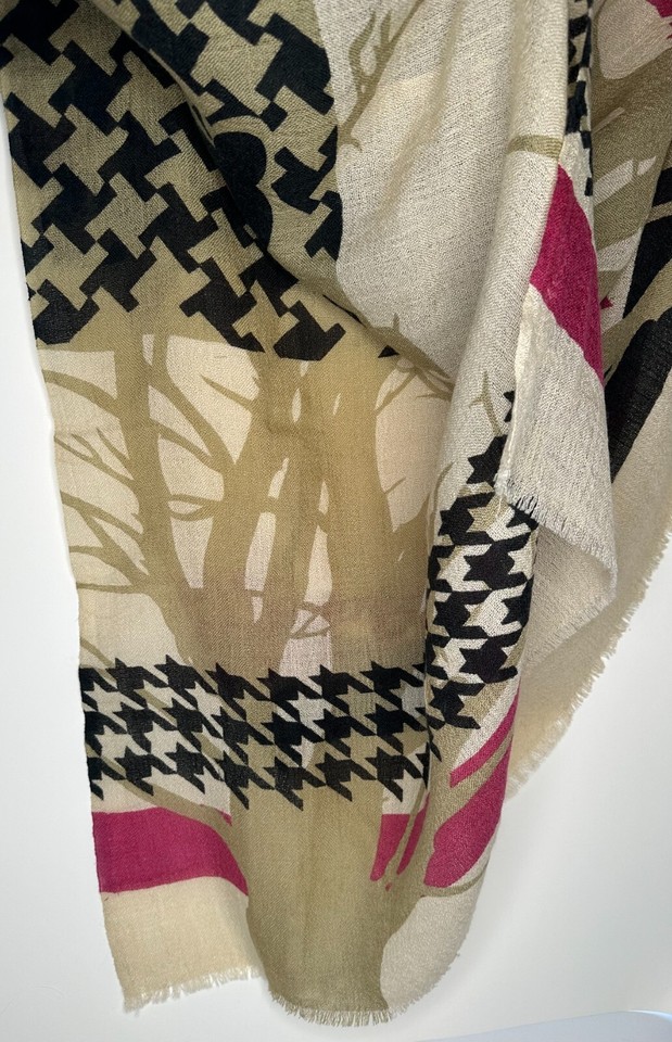 Modena Women's Lightweight Wool Blend Beige/Black Scarf w/ Tree Design ...