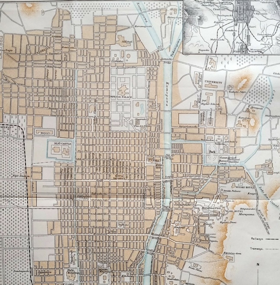 1913 JAPAN JAPANESE TOURIST MAP KYOTO NIJO CASTLE IMPERIAL PALACE INSET ...