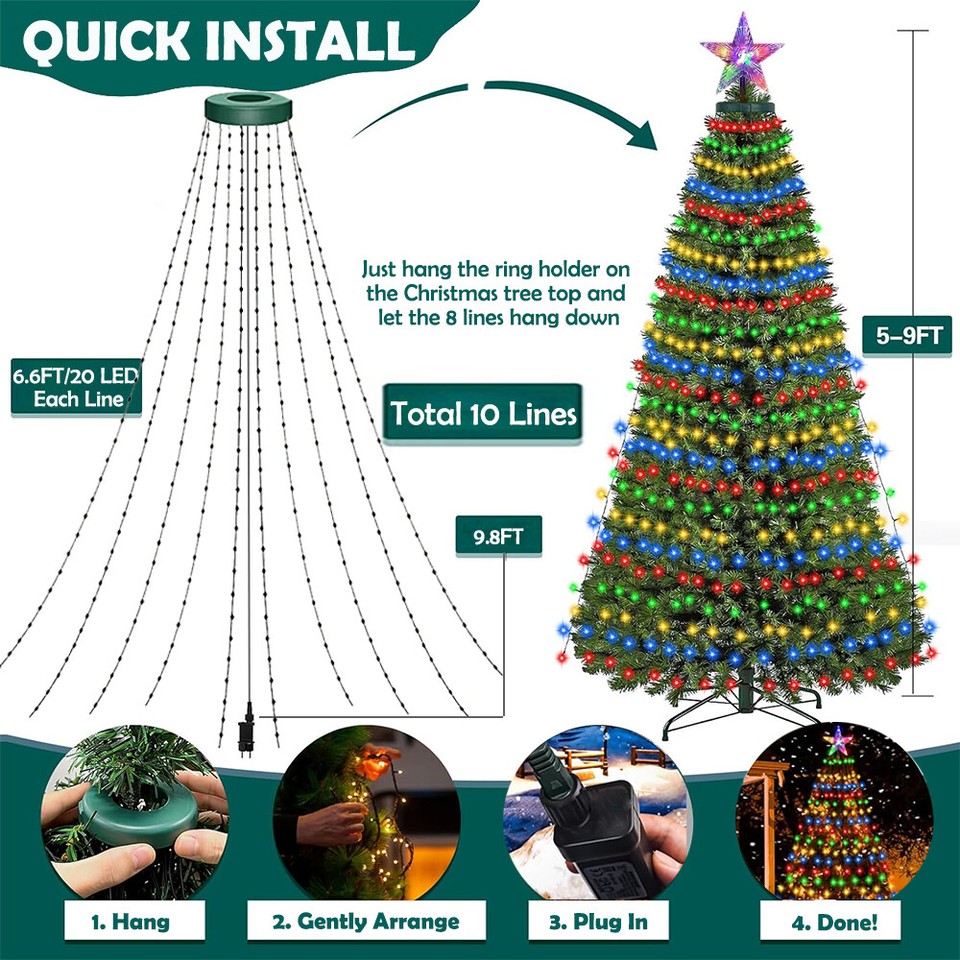 Christmas Tree Waterfall String Lights 200LED Color Changing fr Home ...
