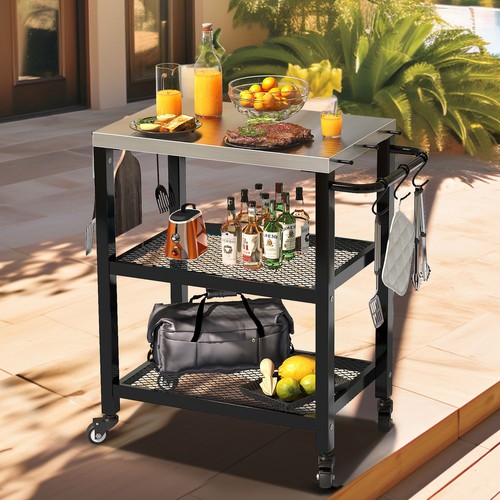 Outdoor Grill Dining Cart Double-Shelf BBQ Grill Movable Food Prep ...