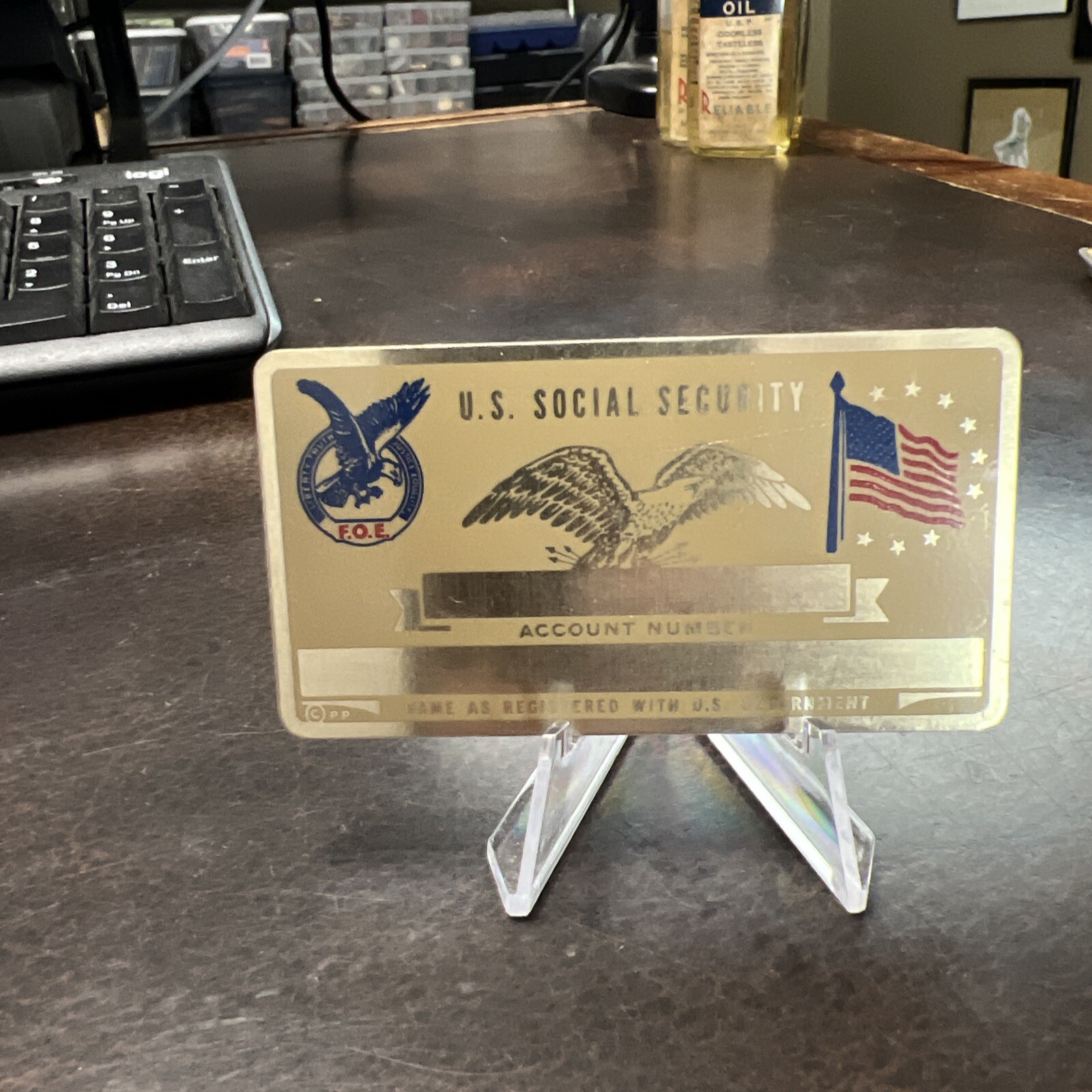 Vintage Brass / Metal Social Security Card FOE Fraternal Order Of The ...