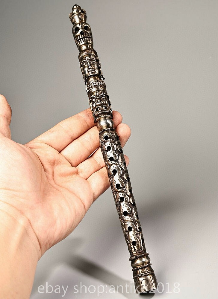 9.6" Old Tibet Silver Buddhism Demon Slayer Phurba Dagger Holder Statue ...