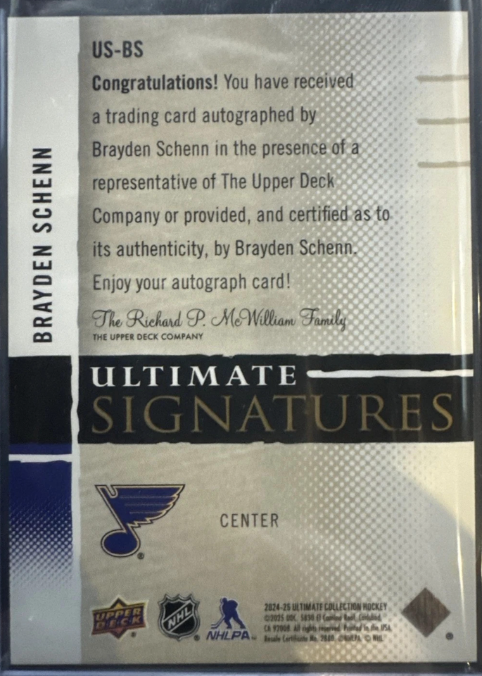 2024-25 UD Ultimate Collection Signatures Auto Brayden Schenn #US-BS ...