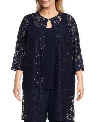 ALEX EVENINGS Plus Size 1X Dark Navy Lace/Sequin 2-Pc Duster Twinset ...