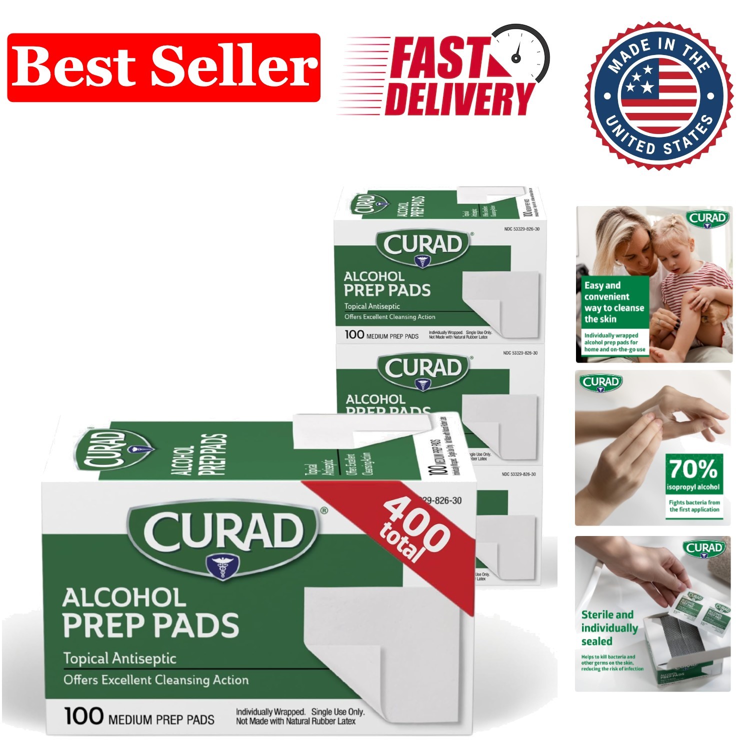 Curad Alcohol Prep Pads Swabs Wipes - 4Box 400 Counts Isopropyl Wipes ...