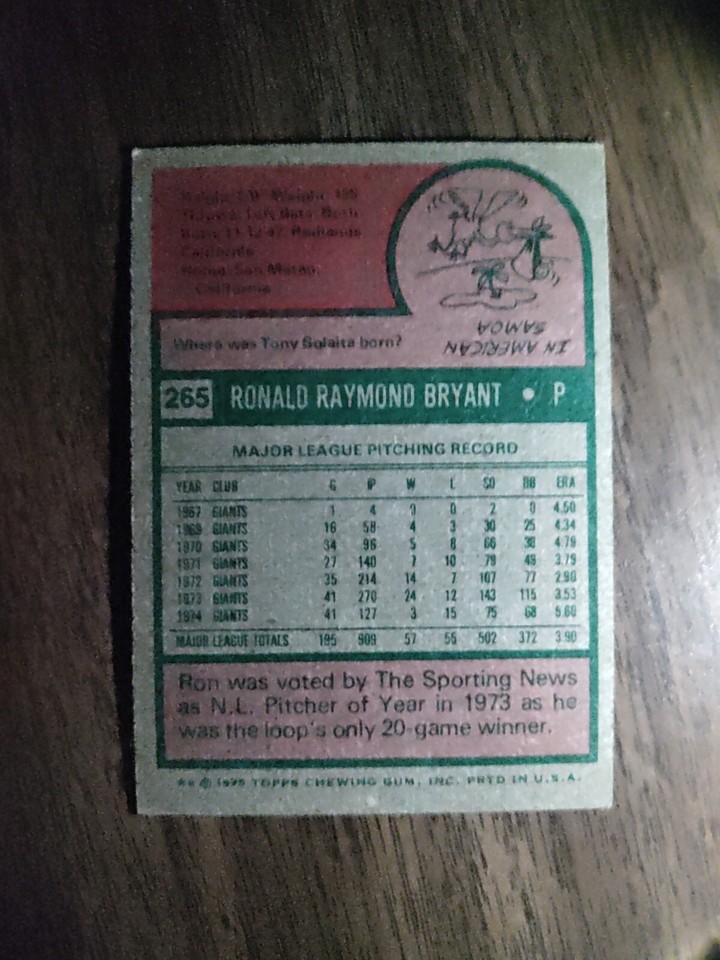 1975 TOPPS BASEBALL SET 265 RON BRYANT SAN FRANCISCO GIANTS ex free ...