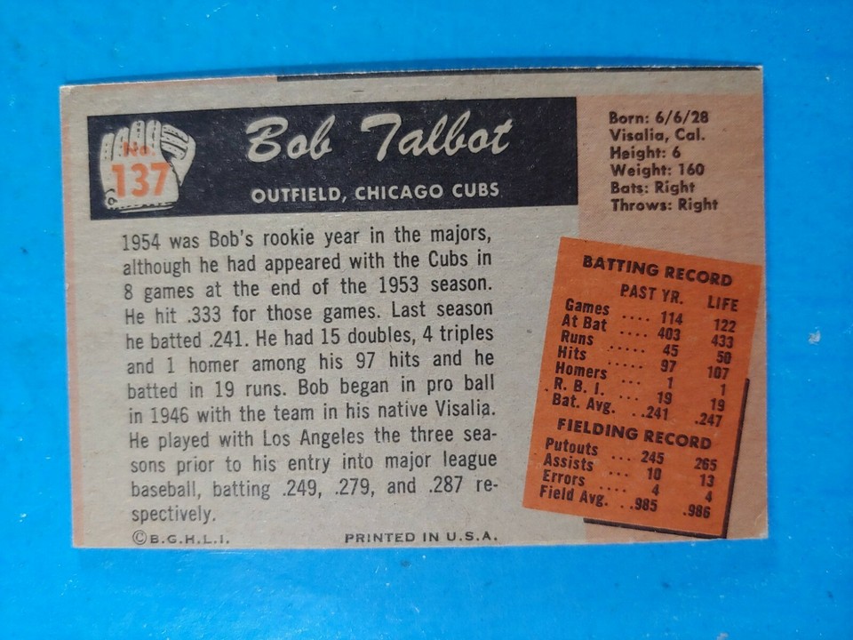 1955 BOWMAN BASEBALL #137 BOB TALBOT EX++ | eBay