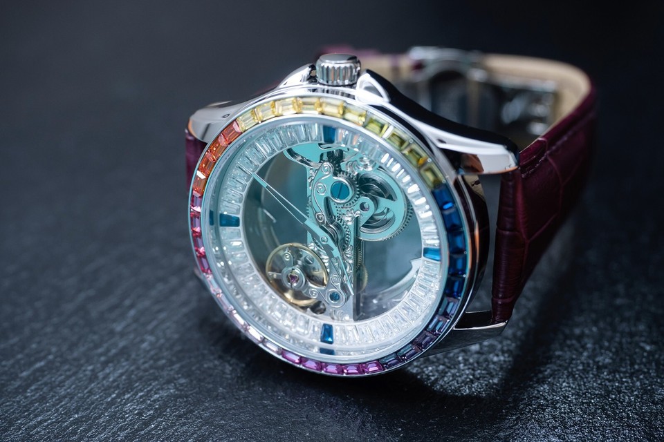 Mens Silver Automatic Mechanical Watch Bridge Rainbow Cubic Purple ...