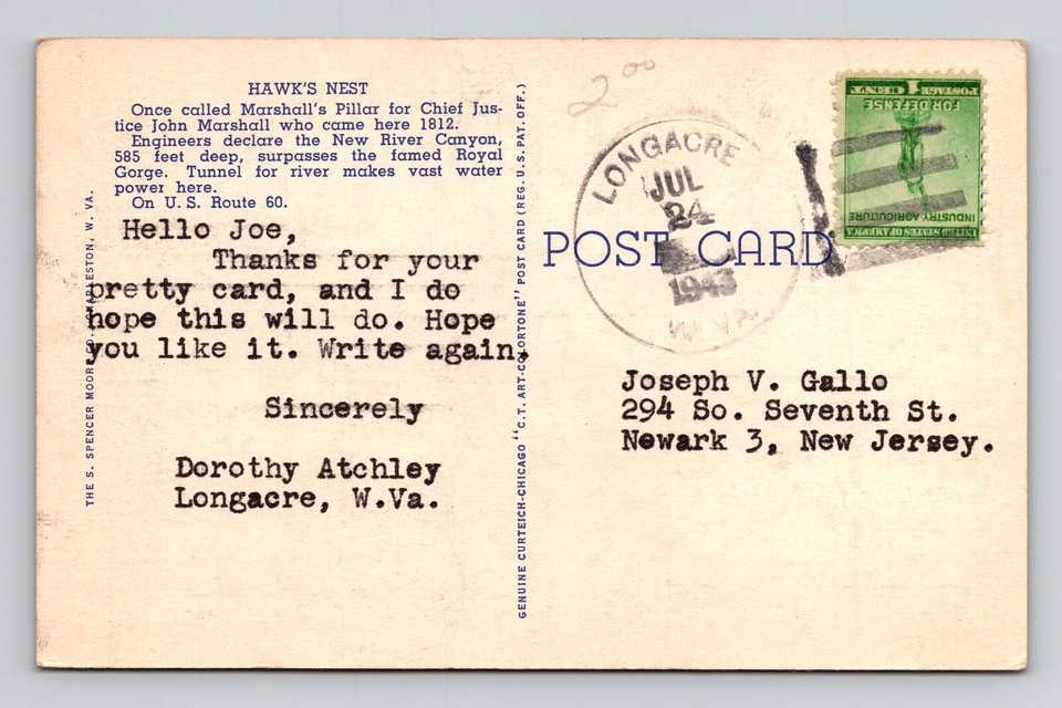 Hawk's Nest Rock State Park WV-West Virginia, Canyon, Vintage c1943 ...