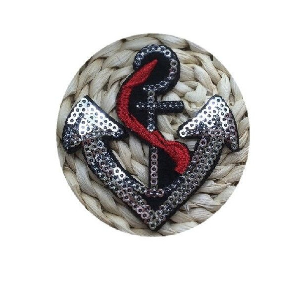 Anchor - Nautical - Silver Sequin - Embroidered Red Rope - Iron On ...