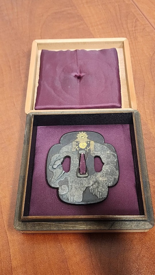 Iron Tsuba caparisoned elephant signed Tsuchiya Yasuchika. Edo era. Box ...