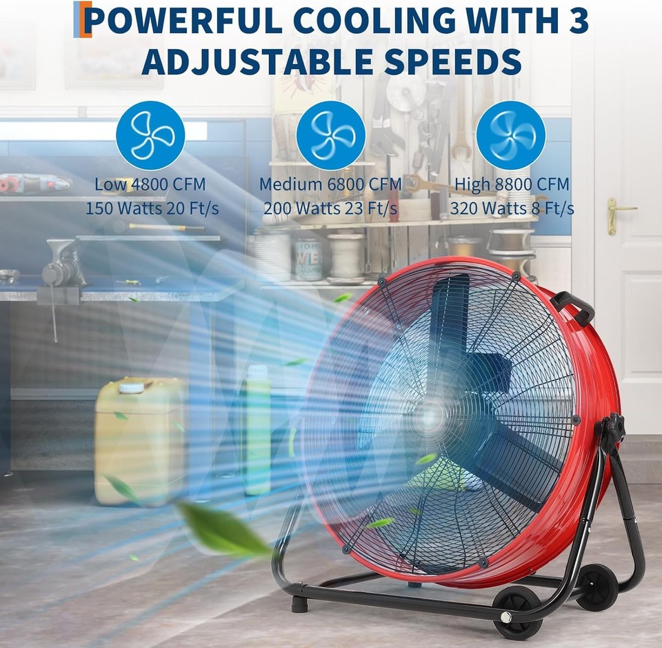 24" Industrial Drum Fan 3 Speed Heavy Duty Air Circulator Floor Fan for ...