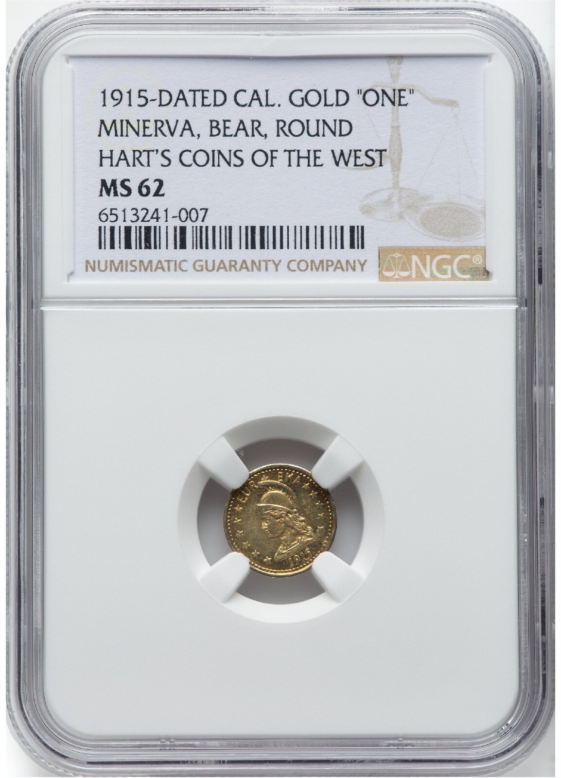 RARE 1915 ONE CALIFORNIA GOLD MINERVA, HART'S COINS OF THE WEST / NGC ...