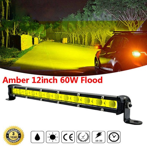 Amber 12inch 60W Flood Slim Single Row Fog LED Work Light Bar Car SUV ...