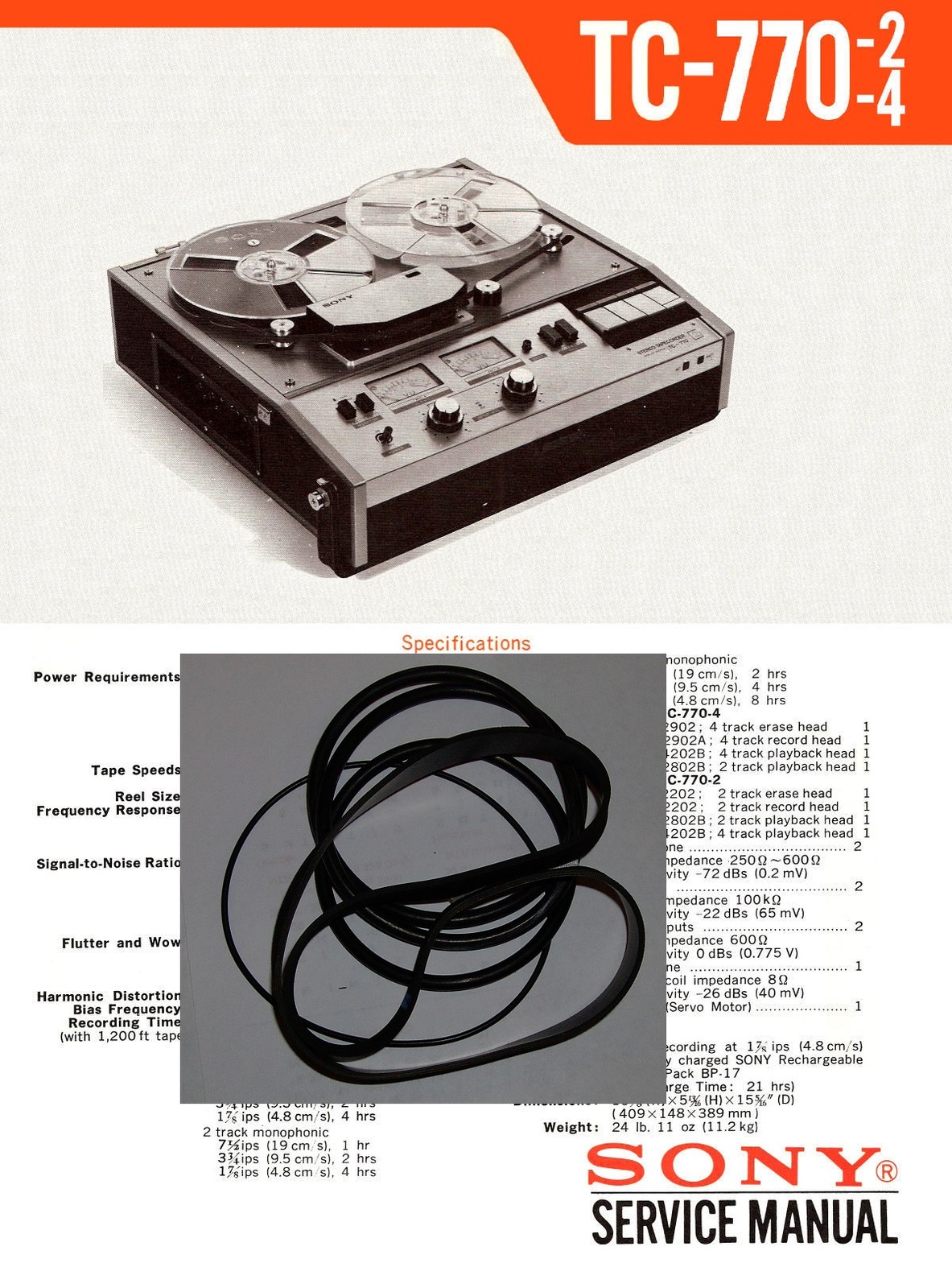 SONY TC-770 TC-772 Reel to Reel Belts +FREE shipping with or w/o Manual ...